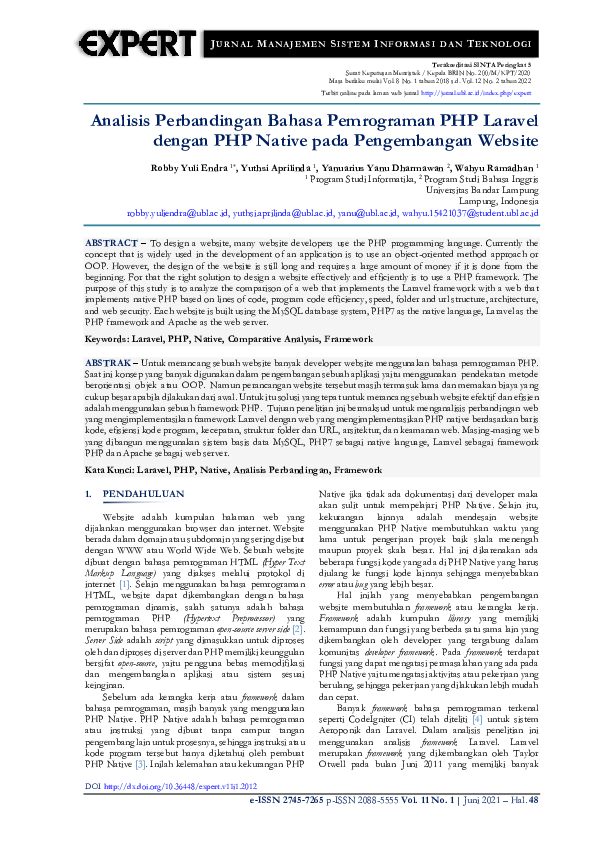 (PDF) Analisis Perbandingan Bahasa Pemrograman PHP Laravel dengan PHP ...