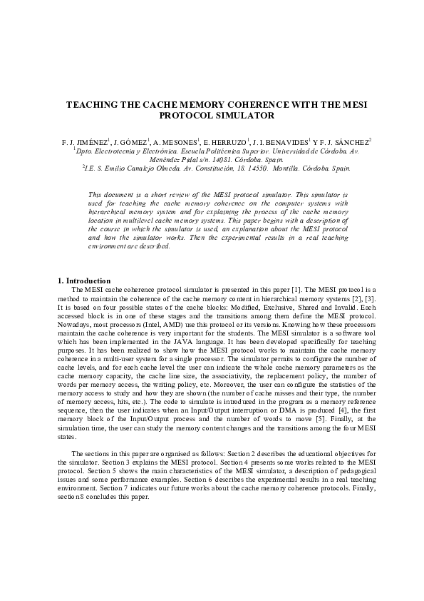 (PDF) Teaching the Cache Memory Coherence with the Mesi Protocol Simulator