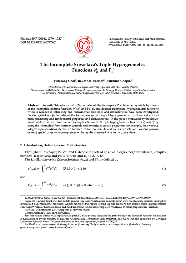 (PDF) The incomplete Srivastava’s triple hypergeometric functions γHB ...