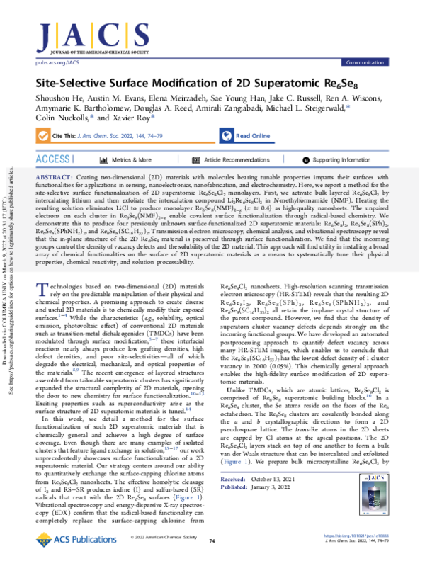 (PDF) Site-Selective Surface Modification of 2D Superatomic Re6Se8