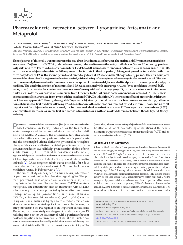(PDF) Pharmacokinetic Interaction between Pyronaridine-Artesunate and