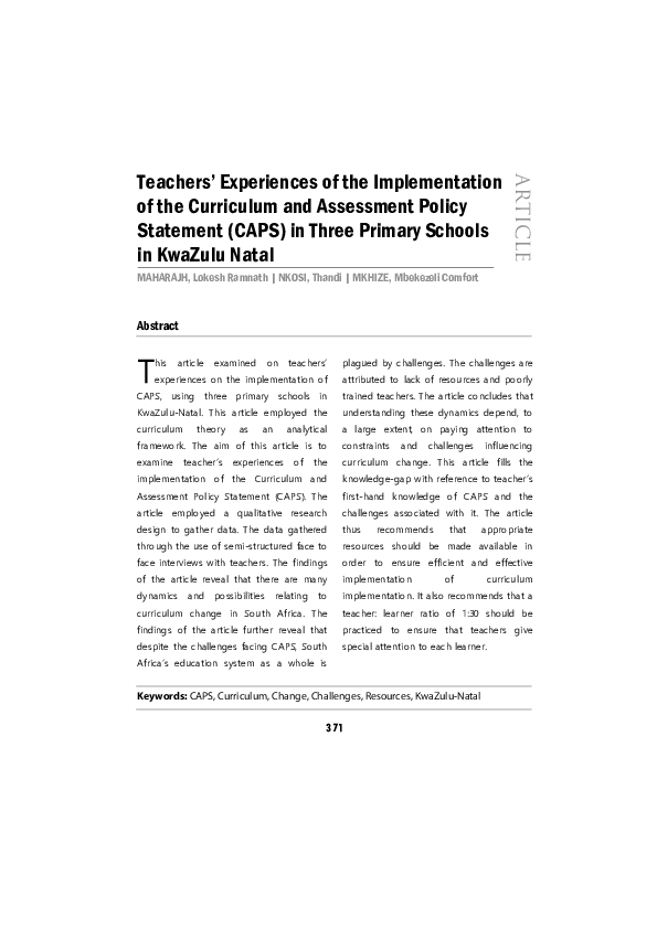 (PDF) Teachers’ Experiences of the Implementation of the Curriculum and ...