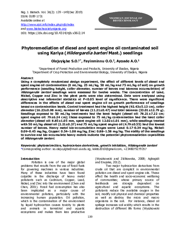 (PDF) Phytoremediation of diesel and spent engine oil contaminated soil ...