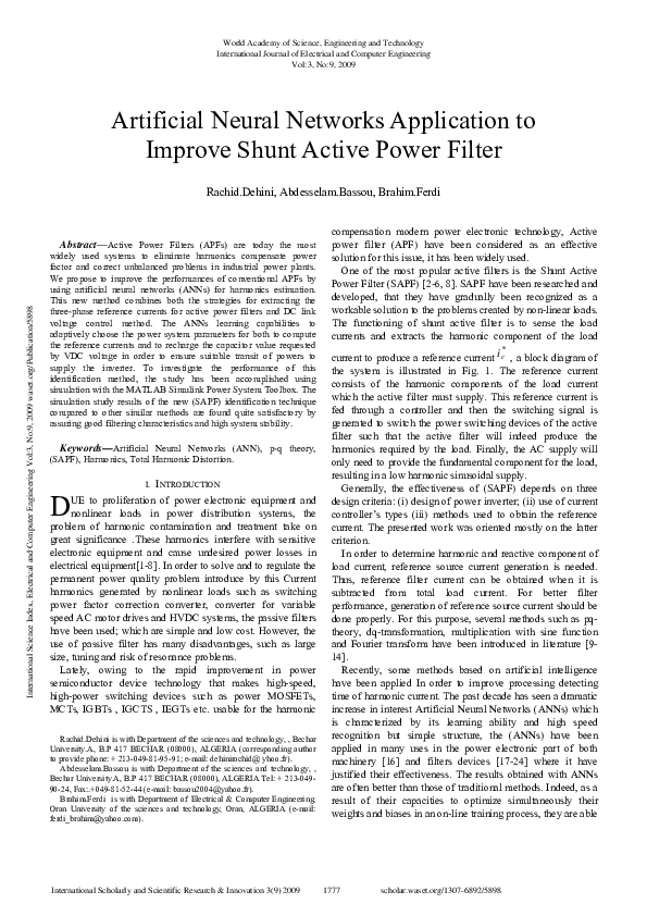(PDF) Artificial Neural Networks Application To Improve Shunt Active Power Filter