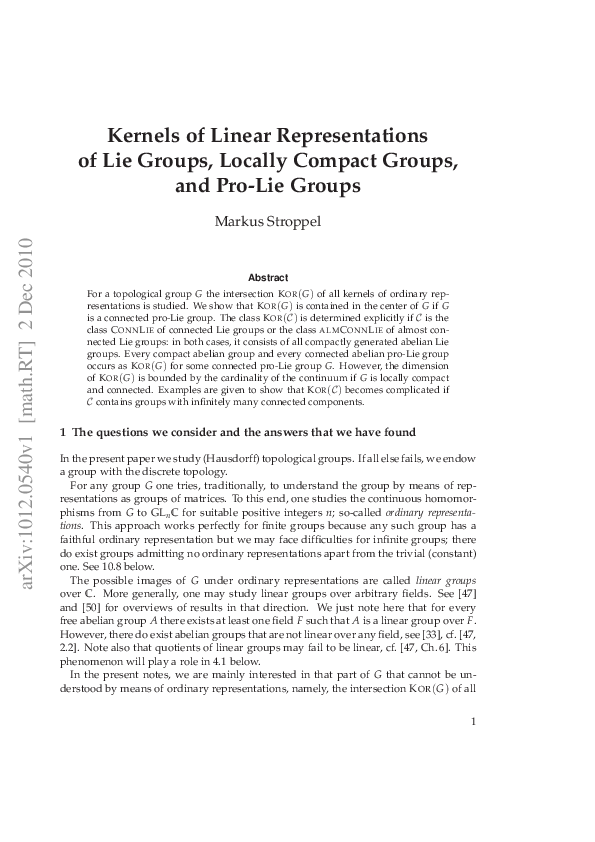 (PDF) Kernels of linear representations of Lie groups, locally compact ...