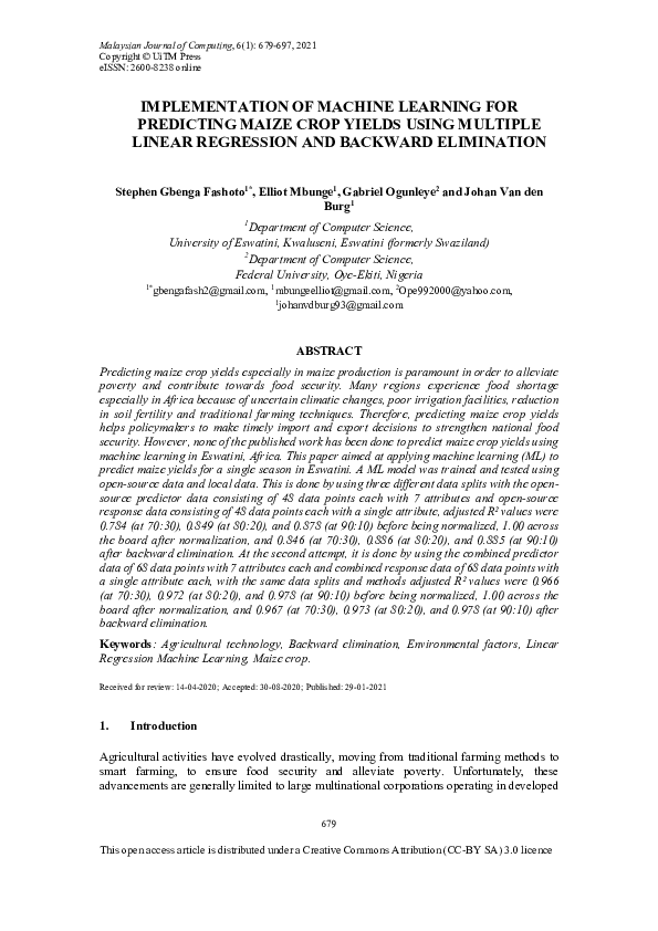 Pdf Implementation Of Machine Learning For Predicting Maize Crop