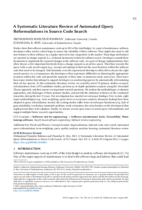 Pdf A Systematic Literature Review Of Automated Query Reformulations