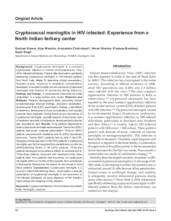 (PDF) Cryptococcal meningitis in HIV infected: Experience from a North ...