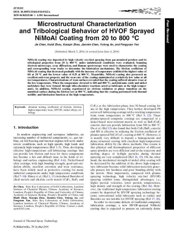 (PDF) Microstructural Characterization and Tribological Behavior of HVOF Sprayed NiMoAl Coating ...