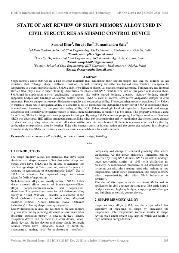 (PDF) State of Art Review of Shape Memory Alloy Used in Civil ...