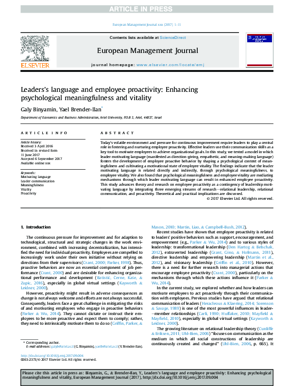 (PDF) Leaders's language and employee proactivity: Enhancing ...