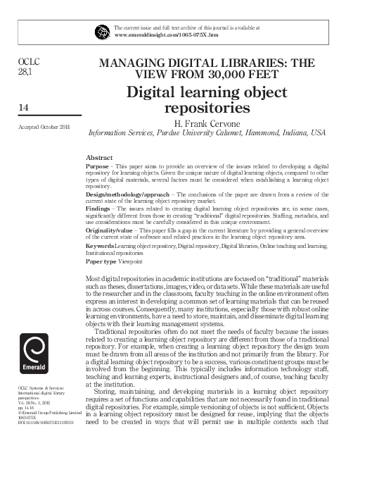 (PDF) MANAGING DIGITAL LIBRARIES : THE VIEW FROM 30 , 000 FEET Digital learning object repositories