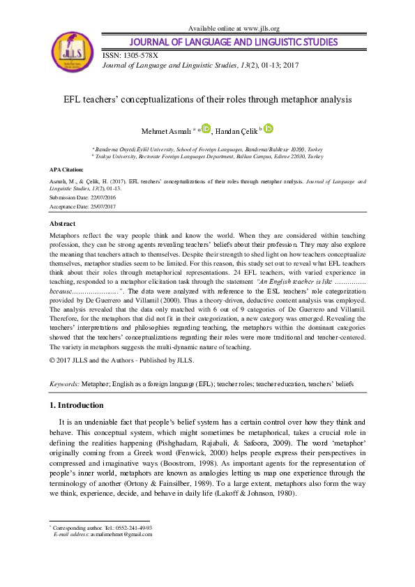 (PDF) EFL teachers' conceptualizations of their roles through metaphor ...