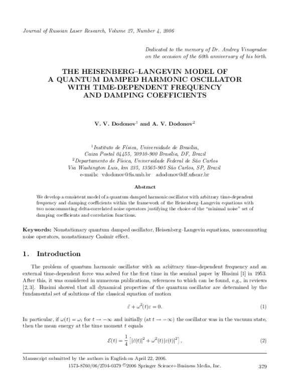 (PDF) The Heisenberg-Langevin model of a quantum damped harmonic oscillator with time-dependent ...