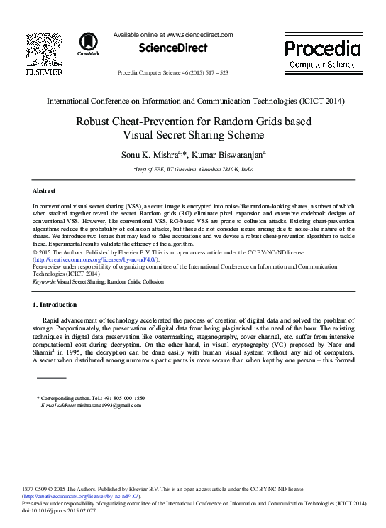 (PDF) Robust Cheat-prevention for Random Grids Based Visual Secret Sharing Scheme