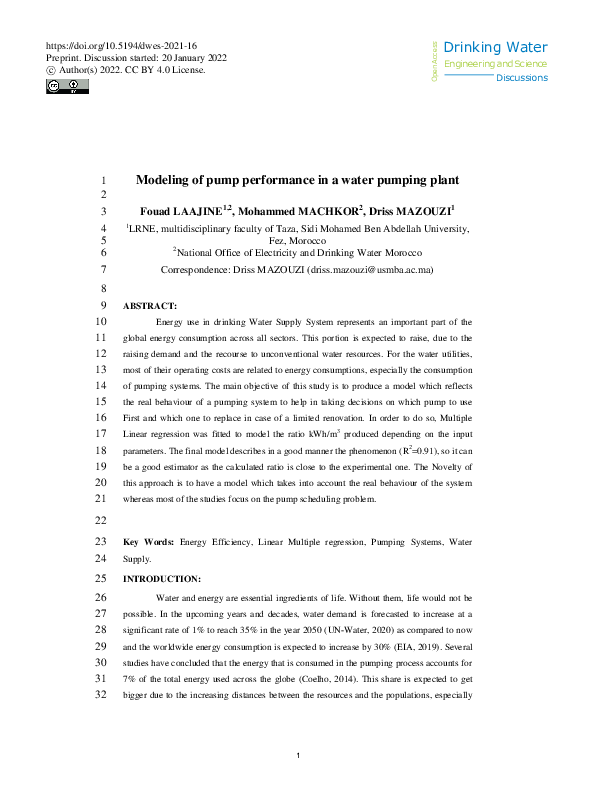 Pdf Modeling Of Pump Performance In A Water Pumping Plant