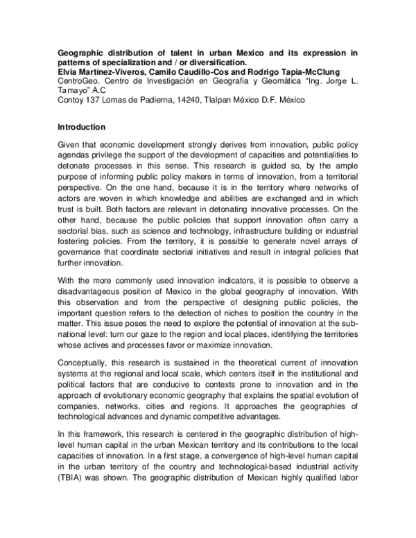 (PDF) Geographic distribution of talent in urban Mexico and its ...