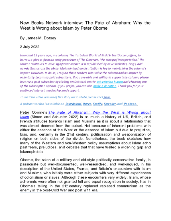 (DOC) New Books Network interview: The Fate of Abraham: Why the West is ...