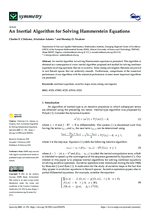 Pdf An Inertial Algorithm For Solving Hammerstein Equations