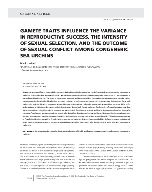 (PDF) Gamete Traits Influence the Variance in Reproductive Success, the ...