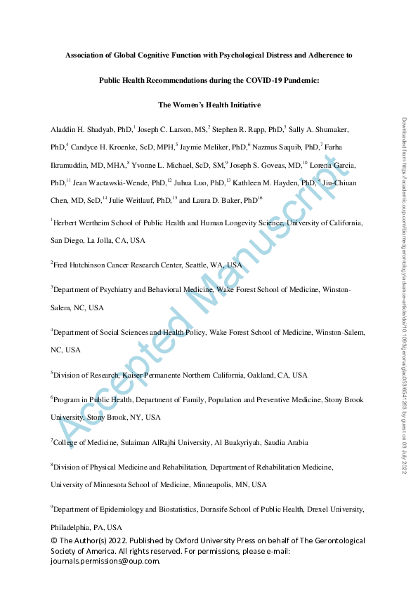 (PDF) Association of Global Cognitive Function with Psychological Distress and Adherence to ...