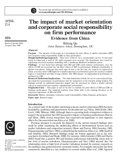 (PDF) The impact of market orientation and corporate social ...