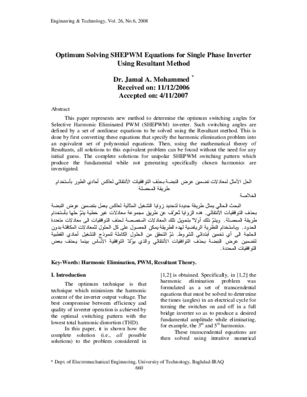 Pdf Optimum Solving Shepwm Equations For Single Phase Inverter Using Resultant Method