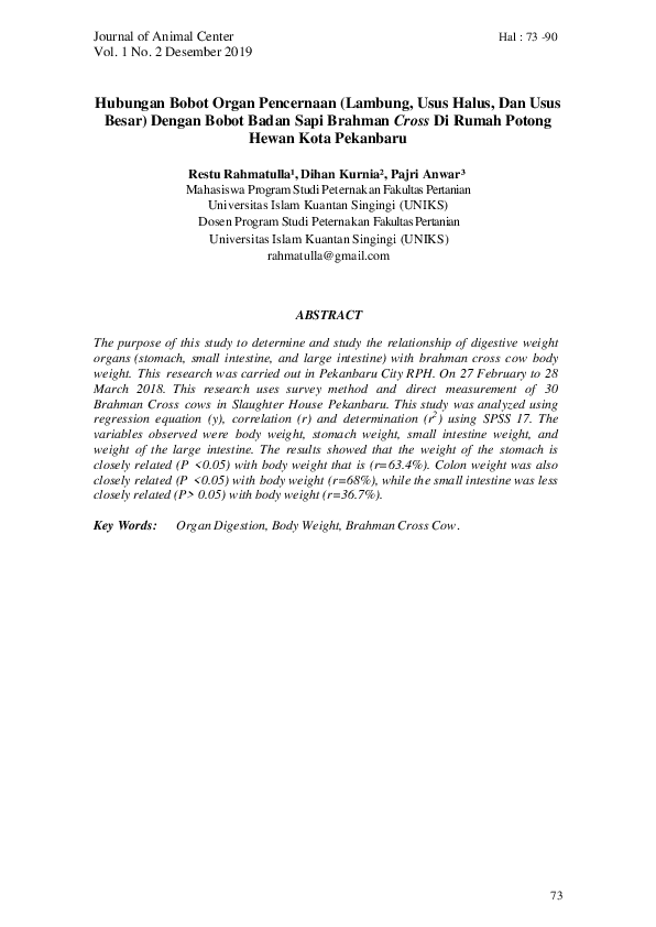 (PDF) Hubungan Bobot Organ Pencernaan (Lambung, Usus Halus, Dan Usus ...