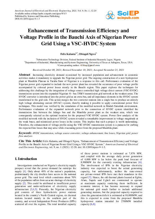 (PDF) Enhancement of Transmission Efficiency and Voltage Profile in the Bauchi Axis of Nigerian ...