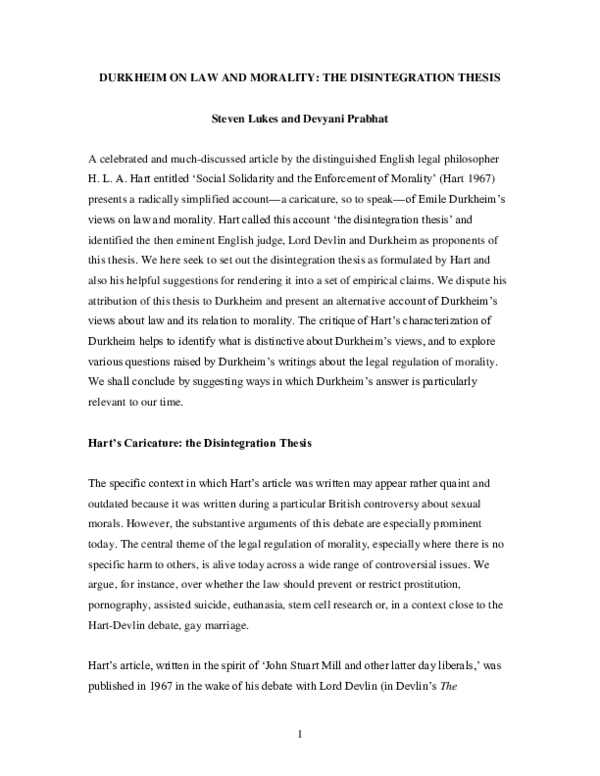 (PDF) Durkheim on law and morality: The disintegration thesis