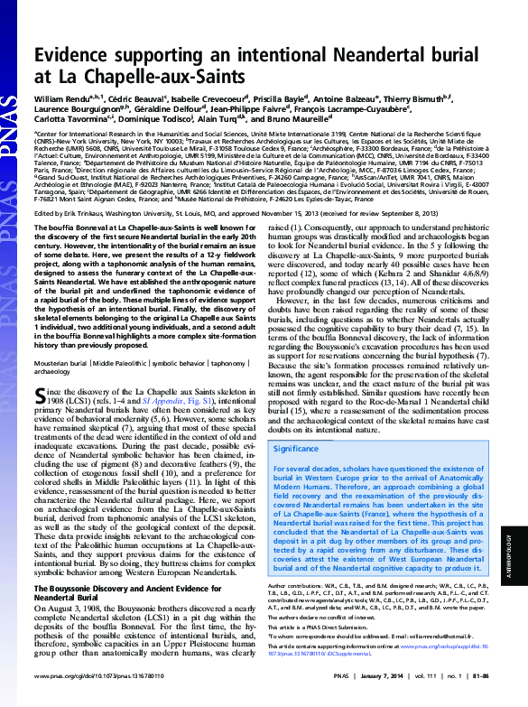 (PDF) Evidence supporting an intentional Neandertal burial at La ...