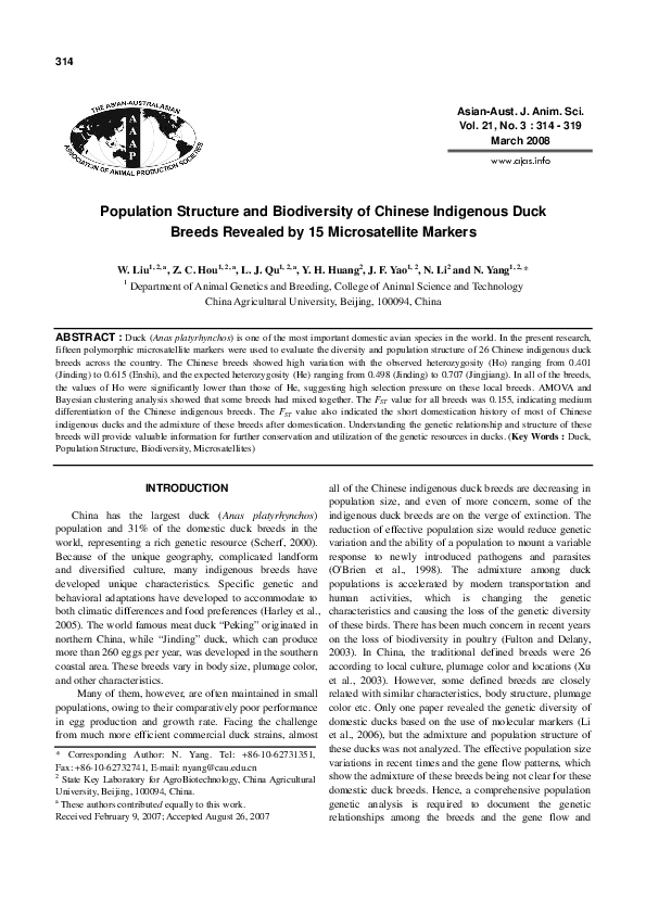 (PDF) Population Structure and Biodiversity of Chinese Indigenous Duck Breeds Revealed by 15 ...
