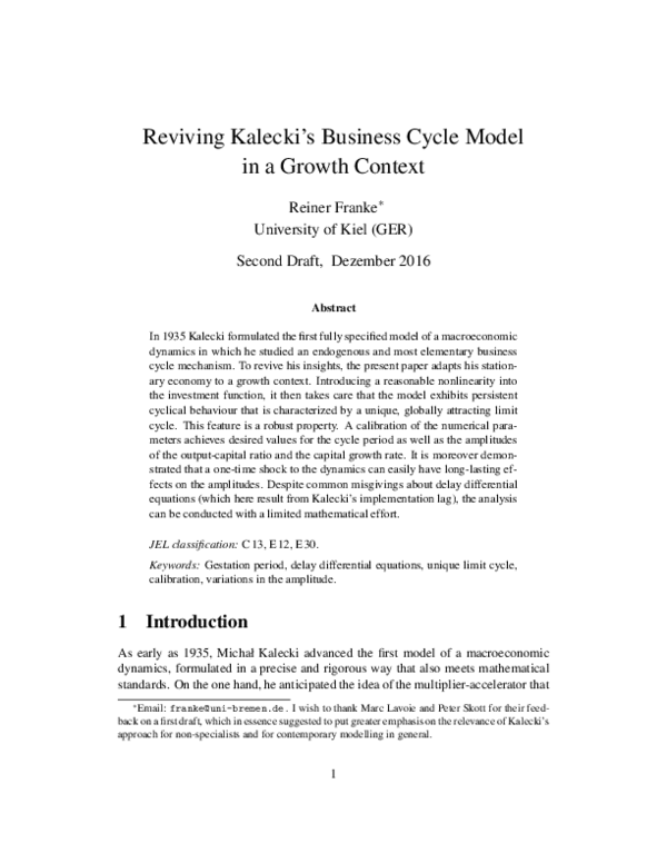 (PDF) Reviving Kalecki’s business cycle model in a growth context