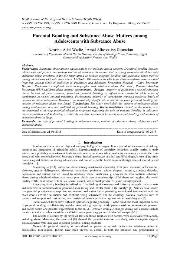 (PDF) Parental Bonding and Substance Abuse Motives among Adolescents ...