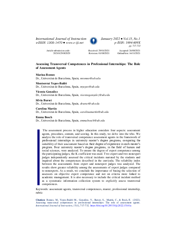 (PDF) Assessing Transversal Competences in Professional Internships ...