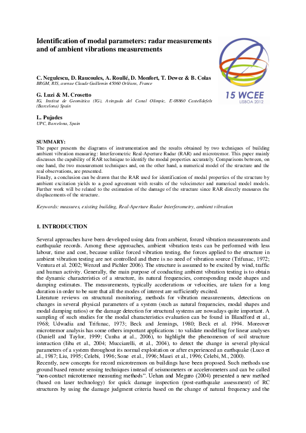 (PDF) Identification of modal parameters: radar measurements and of ambient vibrations measurements