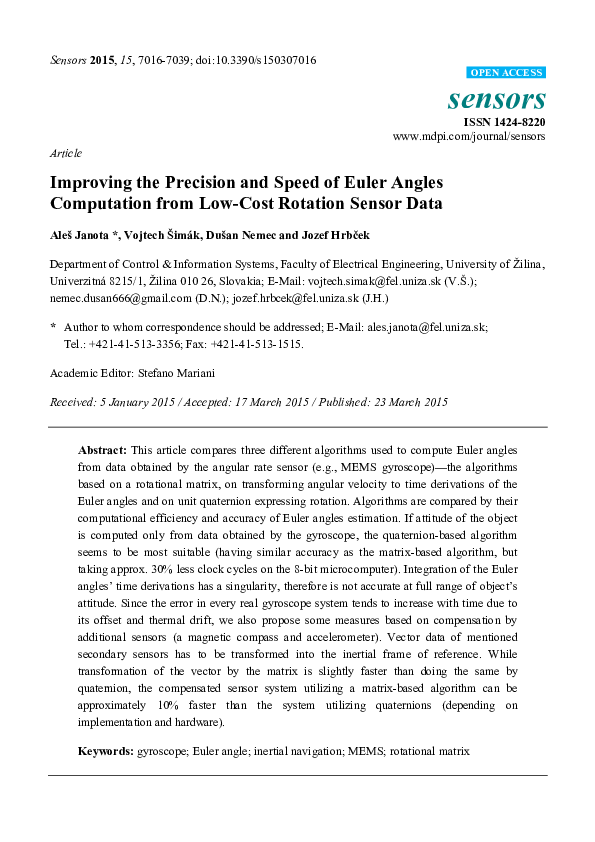 Pdf Improving The Precision And Speed Of Euler Angles Computation