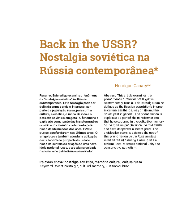 (PDF) Back in the USSR? Nostalgia soviética na Rússia contemporânea