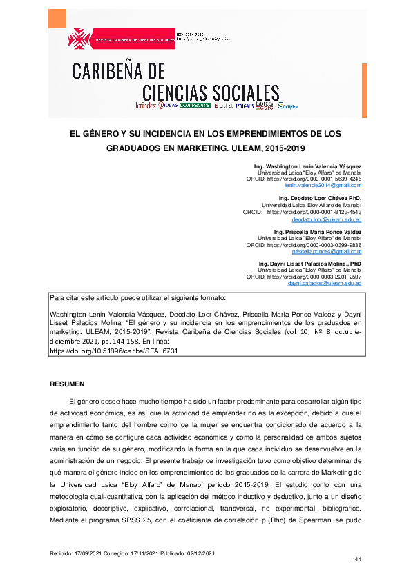 (PDF) El Género y Su Incidencia en Los Emprendimientos De Los Graduados en Marketing. Uleam ...