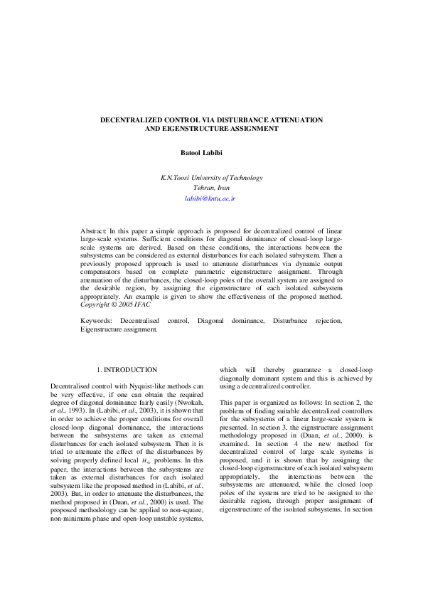 (PDF) Decentralized control via disturbance attenuation and eigenstructure assignment