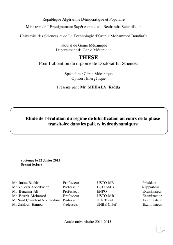 (PDF) Etude de l’évolution du régime de lubrification au cours de la ...