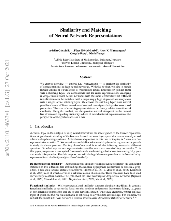 (PDF) Similarity and Matching of Neural Network Representations