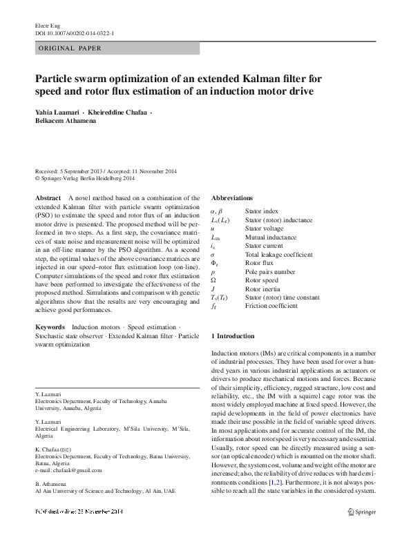 Pdf Particle Swarm Optimization Of An Extended Kalman Filter For Speed And Rotor Flux