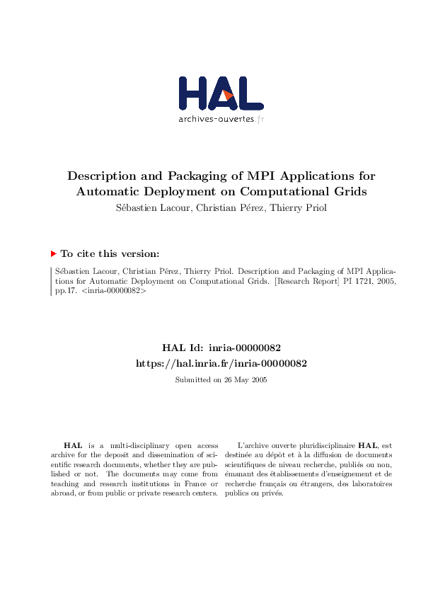 Pdf Description And Packaging Of Mpi Applications For Automatic Deployment On Computational