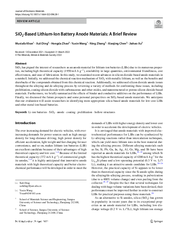 (PDF) SiO 2 -Based Lithium-Ion Battery Anode Materials: A Brief Review