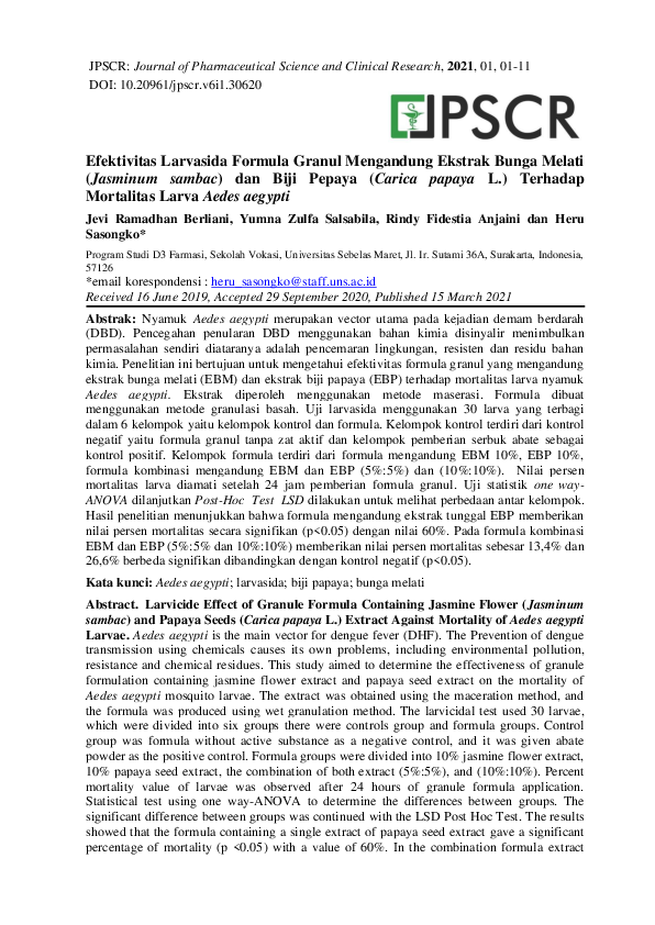 (PDF) Efektivitas Larvasida Formula Granul Mengandung Ekstrak Bunga ...