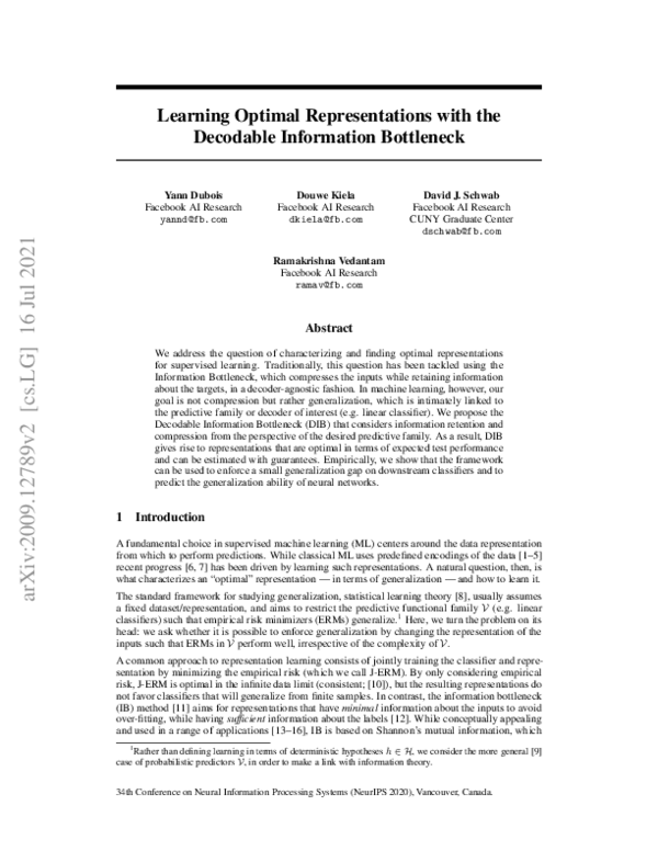 (PDF) Learning Optimal Representations with the Decodable Information Bottleneck
