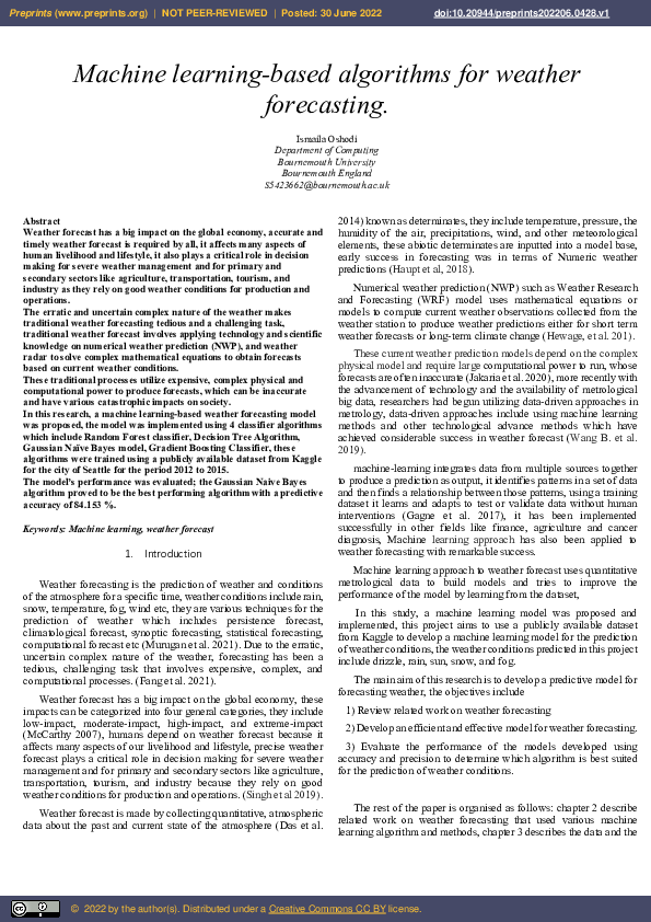 Pdf Machine Learning Based Algorithms For Weather Forecasting