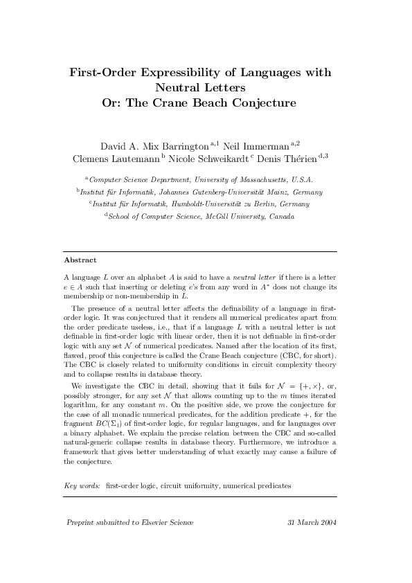 (PDF) First-order expressibility of languages with neutral letters or: The Crane Beach conjecture