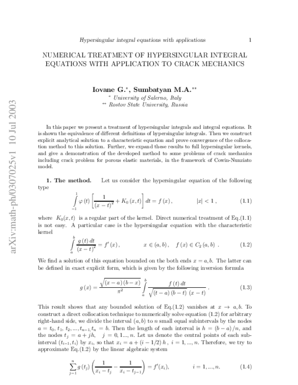 (PDF) Numerical Treatment of Hypersingular Integral Equations with Application to Crack Mechanics